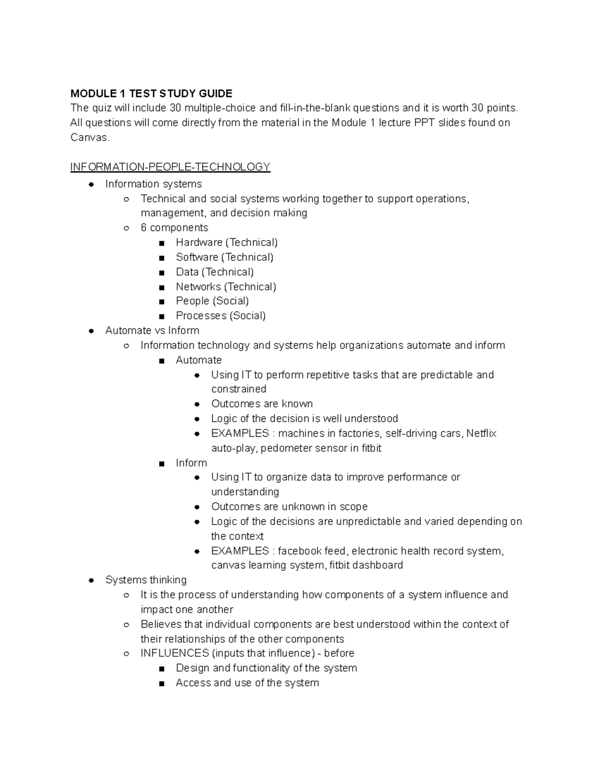 Module 1 Studyguide MODULE 1 TEST STUDY GUIDE The Quiz Will Include