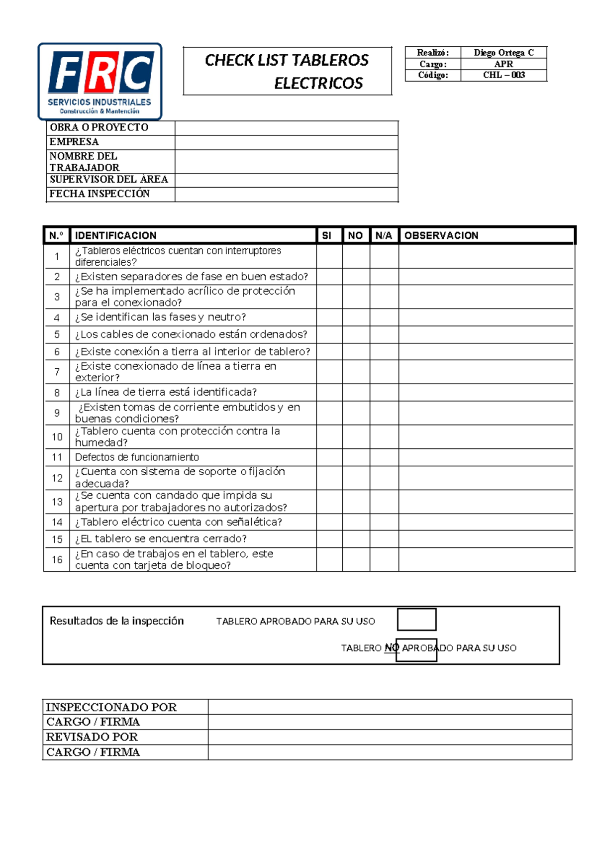 003 Check List Tableros Electricos Obra O Proyecto Empresa Nombre Del