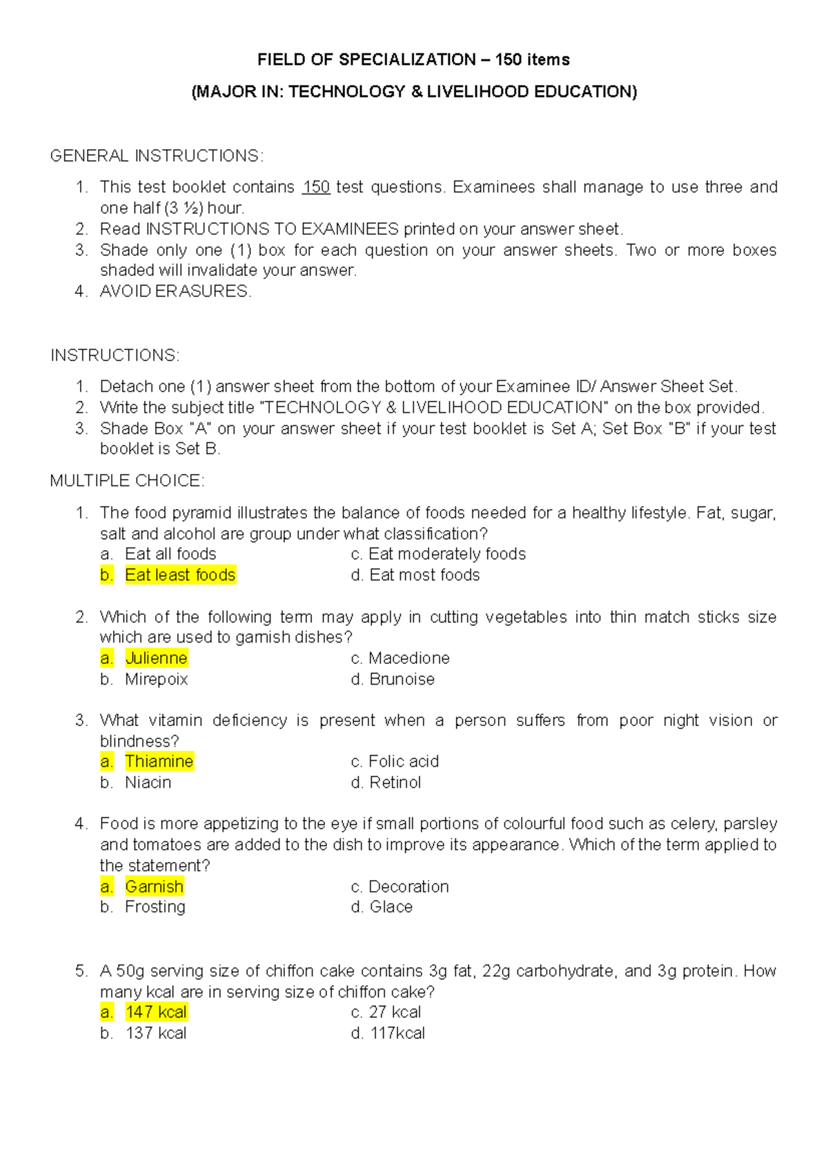 Tle Revıewer With Answers - FIELD OF SPECIALIZATION – 150 items (MAJOR ...