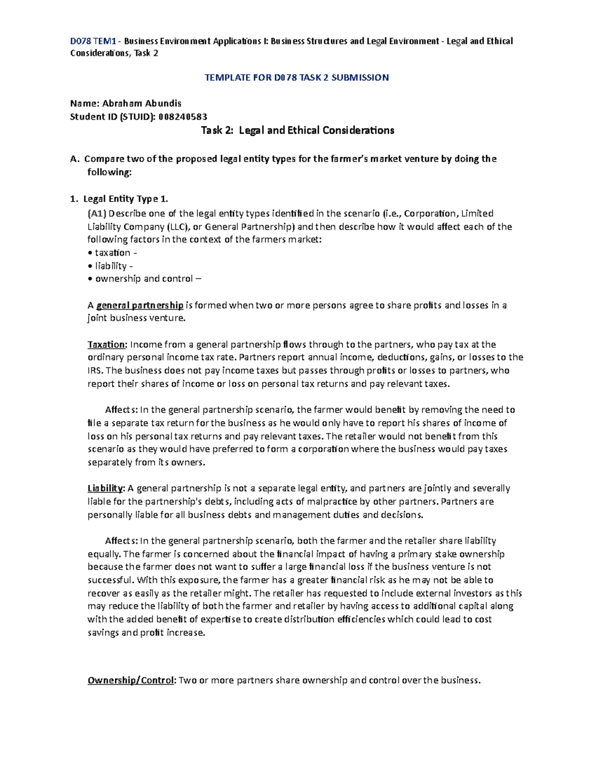 D078 Task 2 Template - D078 TEM1 - Business Environment Applications I ...