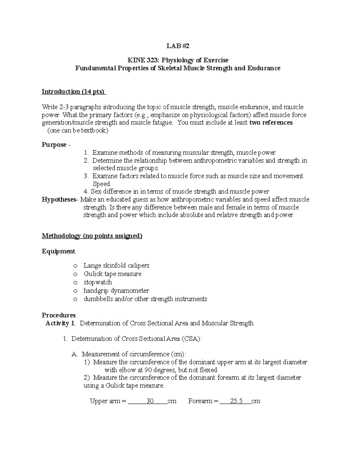 Lab 2 Muscle lab assignment - LAB KINE 323: Physiology of Exercise ...