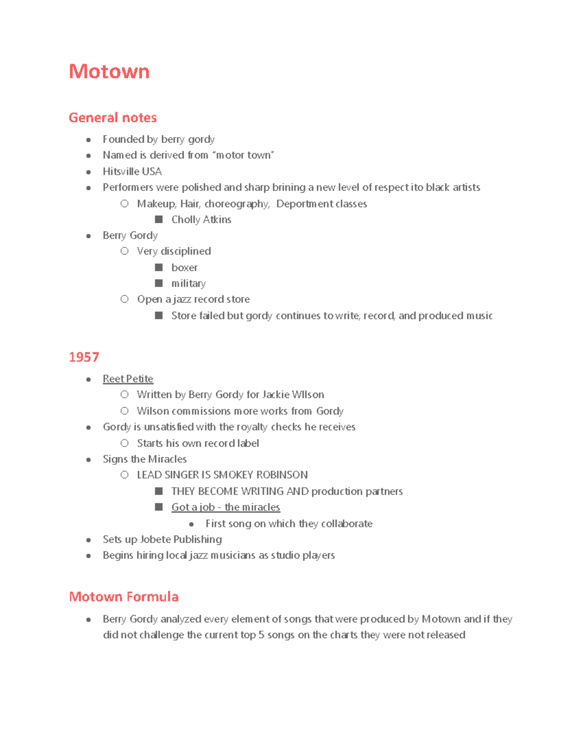 Motown - History notes - Motown General notes Founded by berry gordy ...