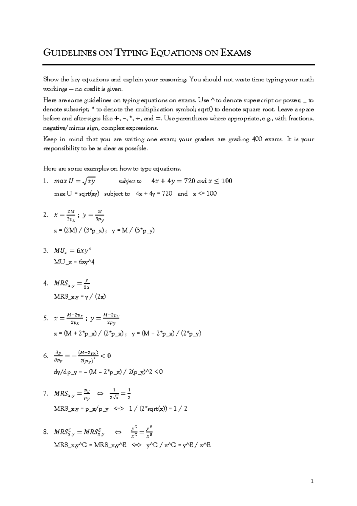 Guidelines on Typing Equations on Exams - 1 GUIDELINES ON TYPING ...