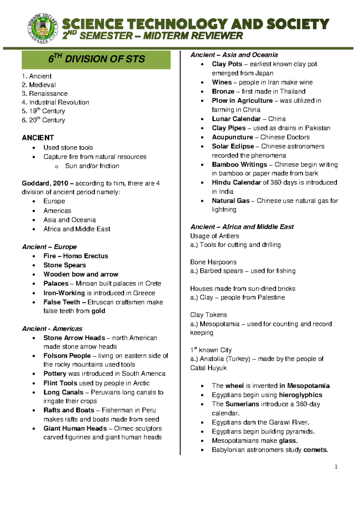 STS - Midterm Reviever - Ancient Medieval Renaissance Industrial ...