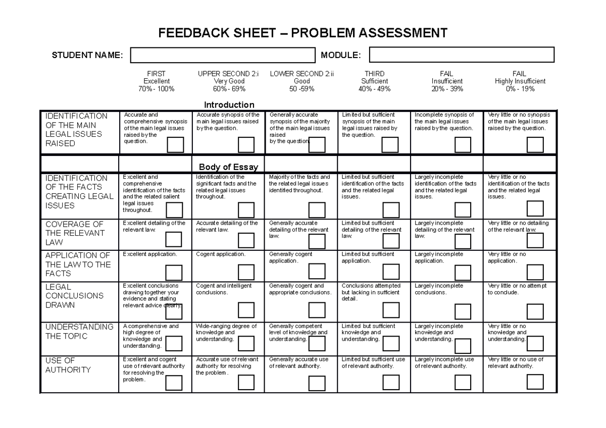 Problem Assessment Sheet 2019-20 - FEEDBACK SHEET – PROBLEM ASSESSMENT ...