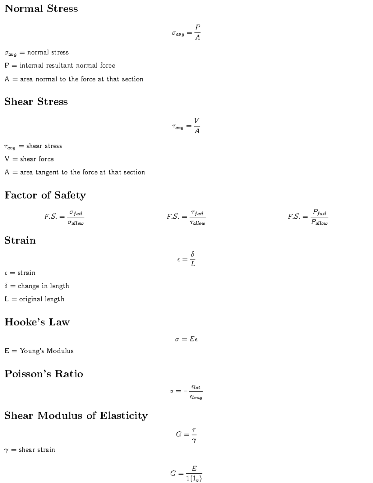 AMME2301 Formula Sheet - Normal Stress σavg = PA σavg = normal stress P ...