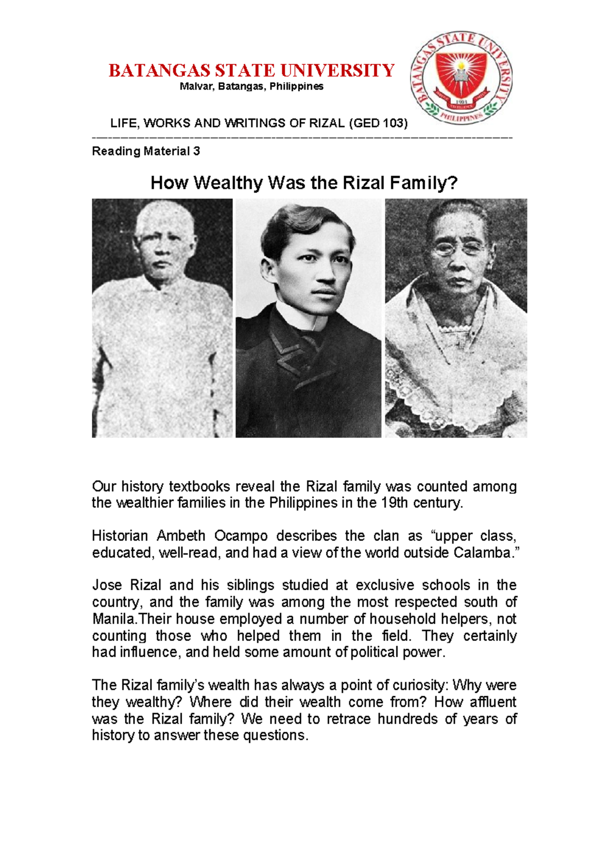 Reading-Material-3 - LIFE, WORKS AND WRITINGS OF RIZAL (GED 103 ...