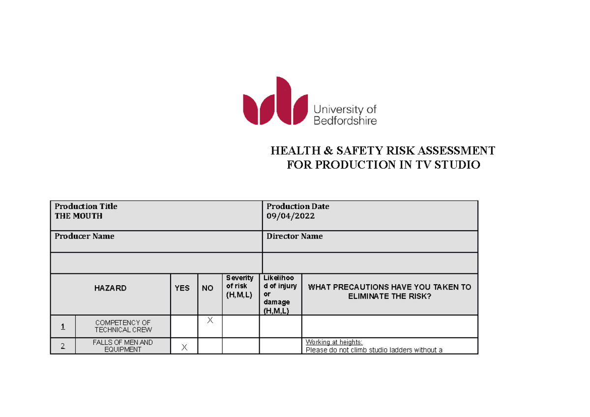 TV Studio Risk Assessment - HEALTH & SAFETY RISK ASSESSMENT FOR ...