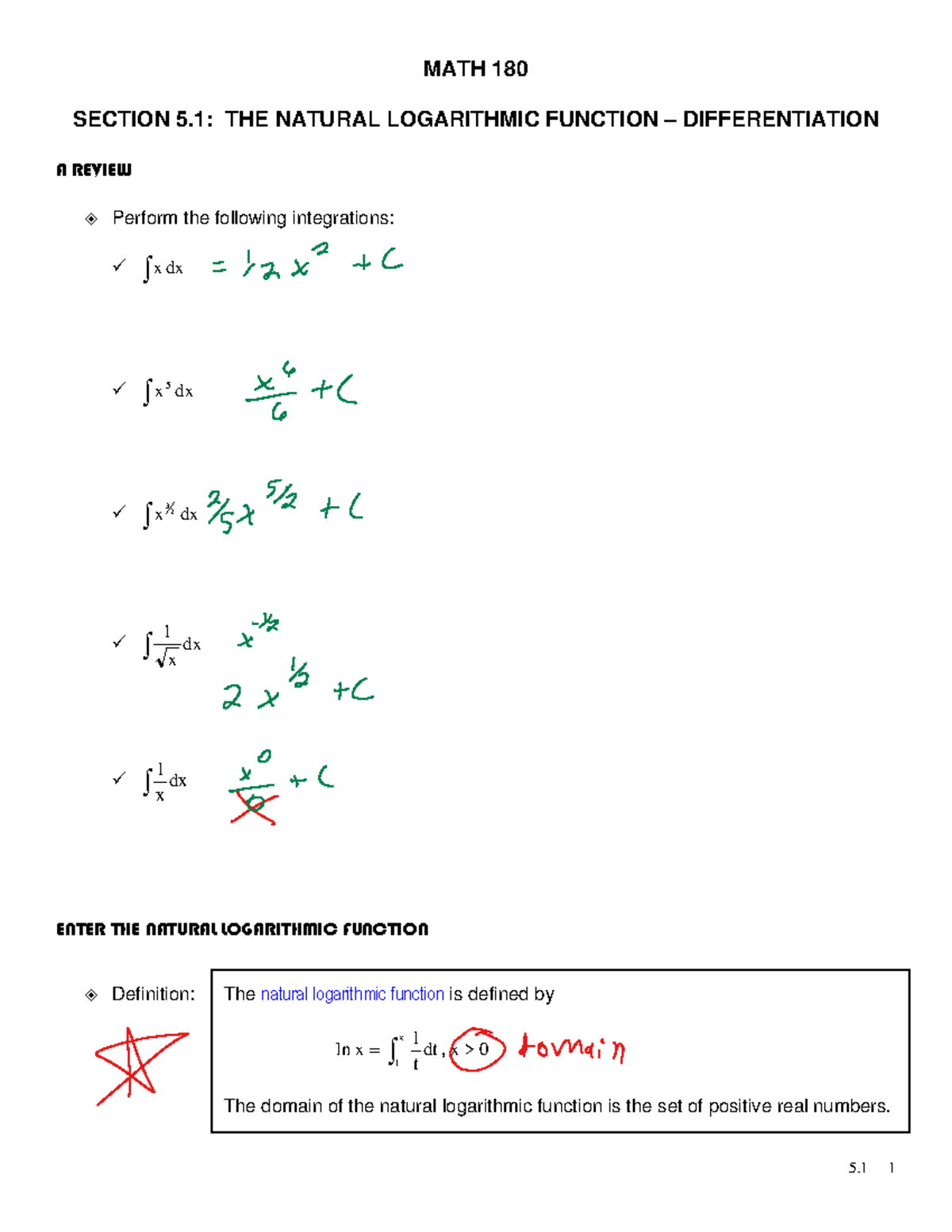 Lesson 5.1 Calc 2 - MATH 180 SECTION 5: THE NATURAL LOGARITHMIC ...