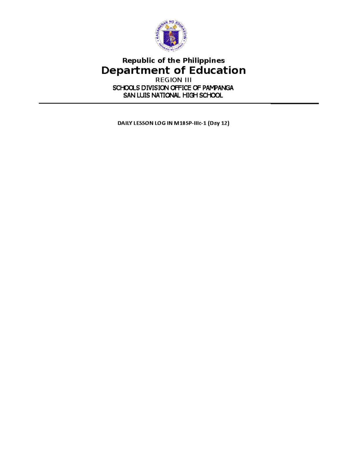 Q3-D12-1 - DLL for math 10. - Republic of the Philippines Department of Education REGION III ...