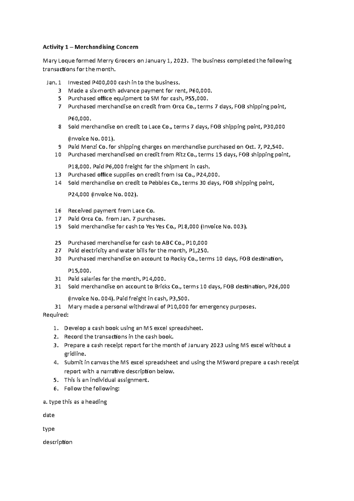 Activity 1 for Merchandising Business- cash book xcel spreadsheet ...