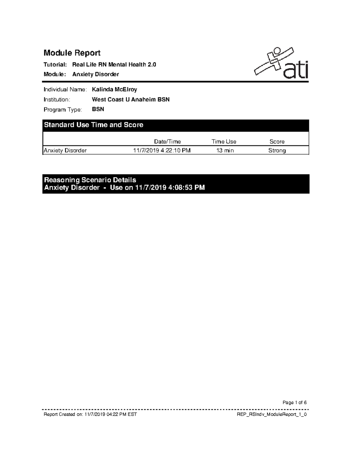 RL Anxiety Disorder Report - Individual Name: Institution: Program Type ...