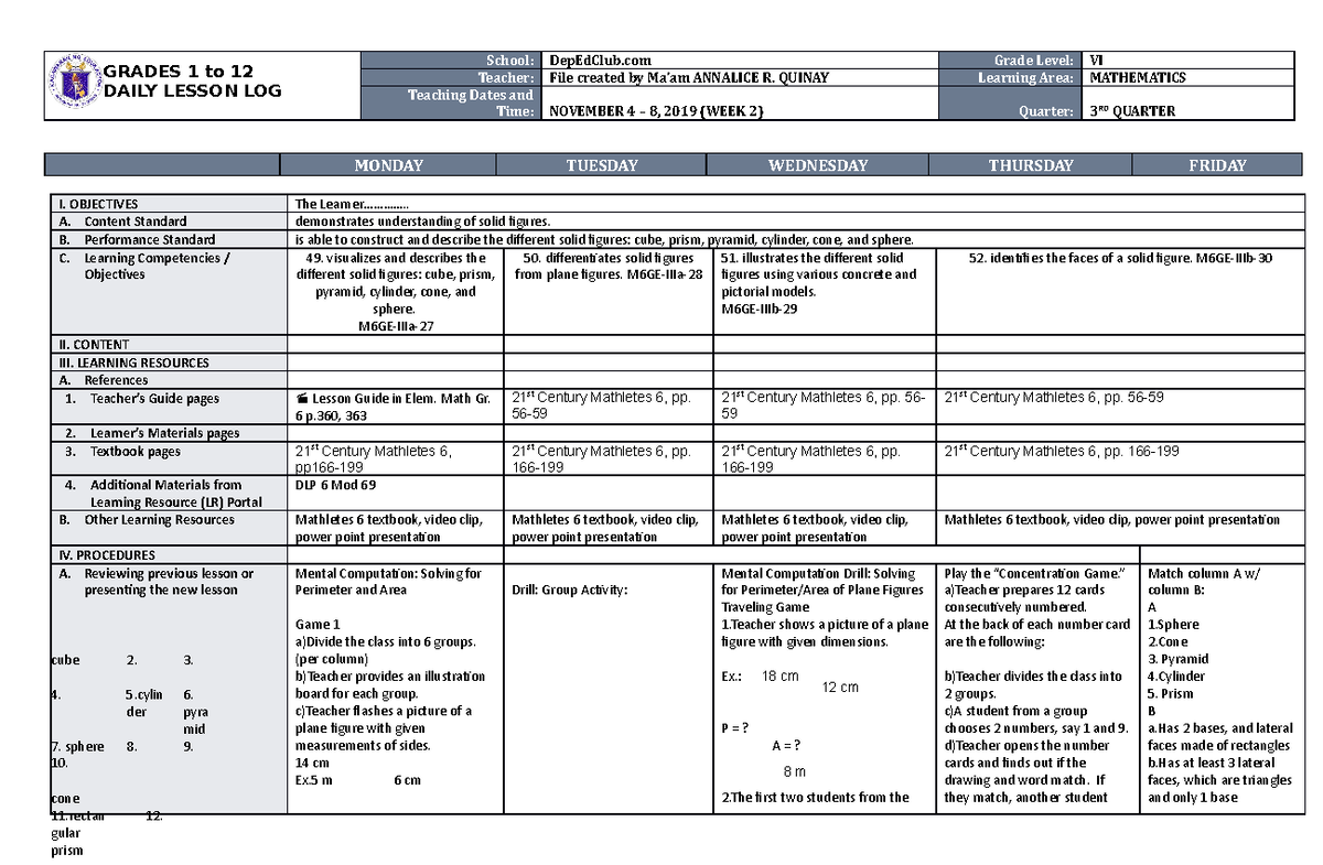 DLL Mathematics 6 Q3 W2 - essay - GRADES 1 to 12 DAILY LESSON LOG ...