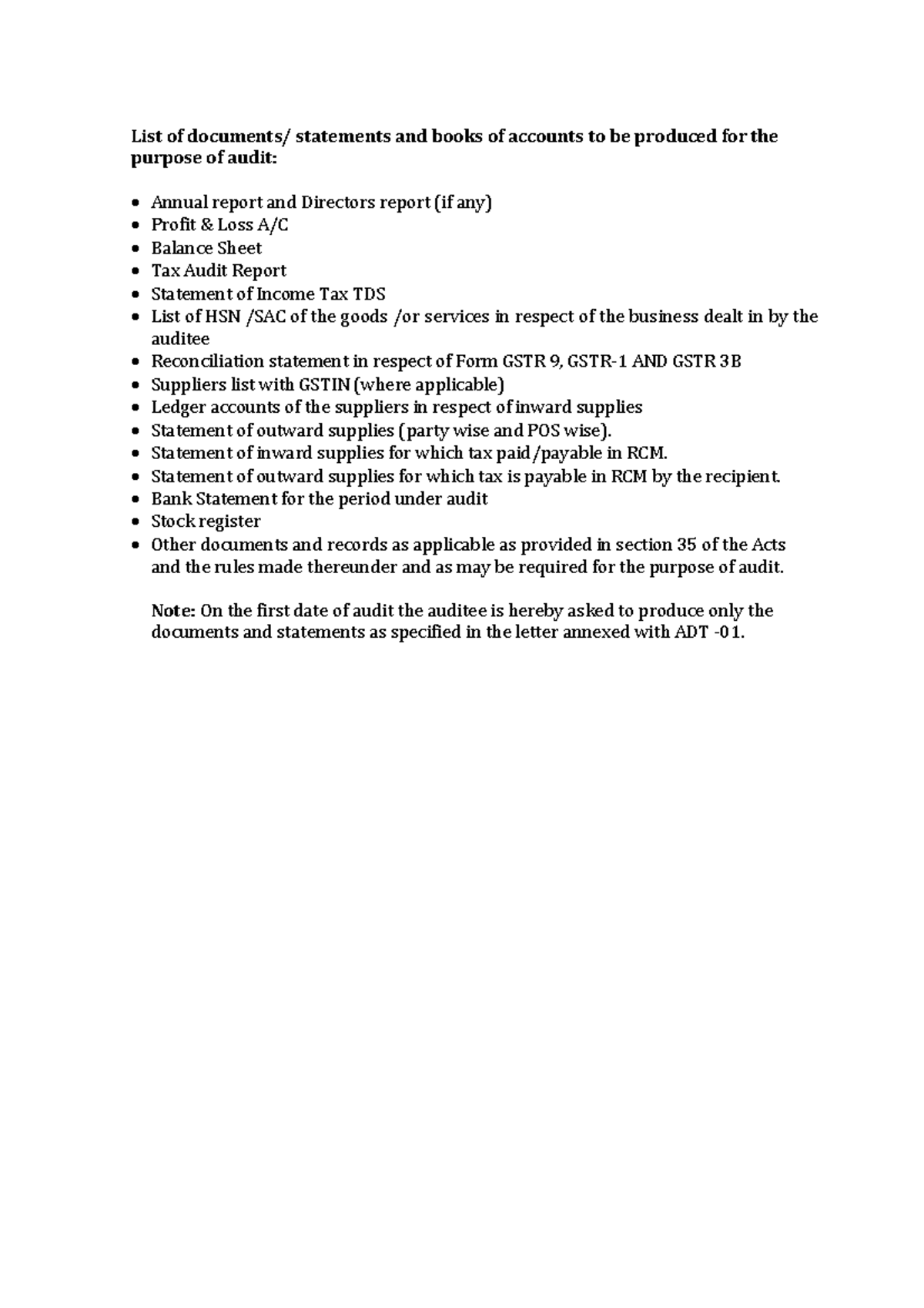 Audit 2 - List of documents/ statements and books of accounts to be ...