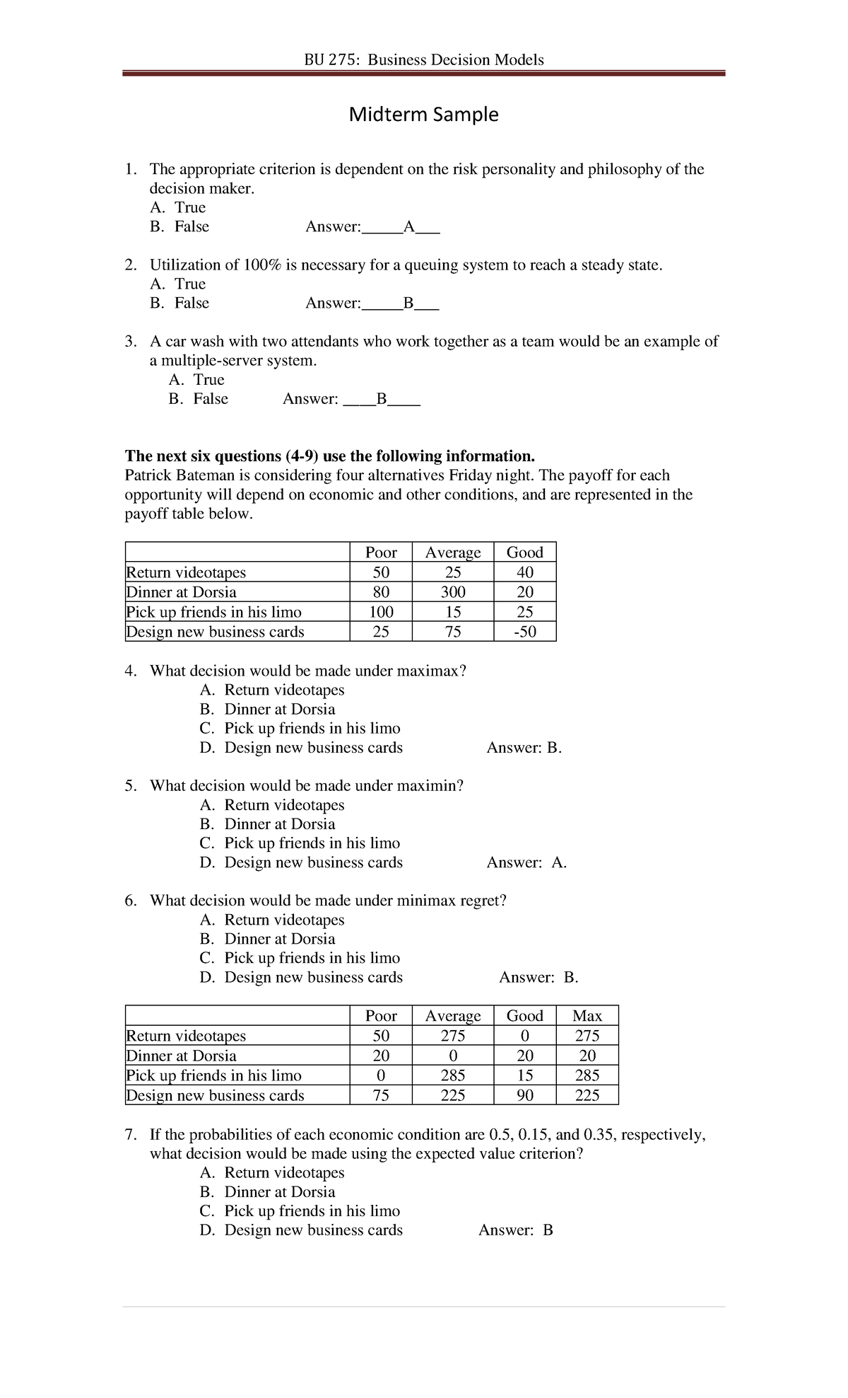 Midterm Sample - Disregard - BU 275: Business Decision Models Midterm ...