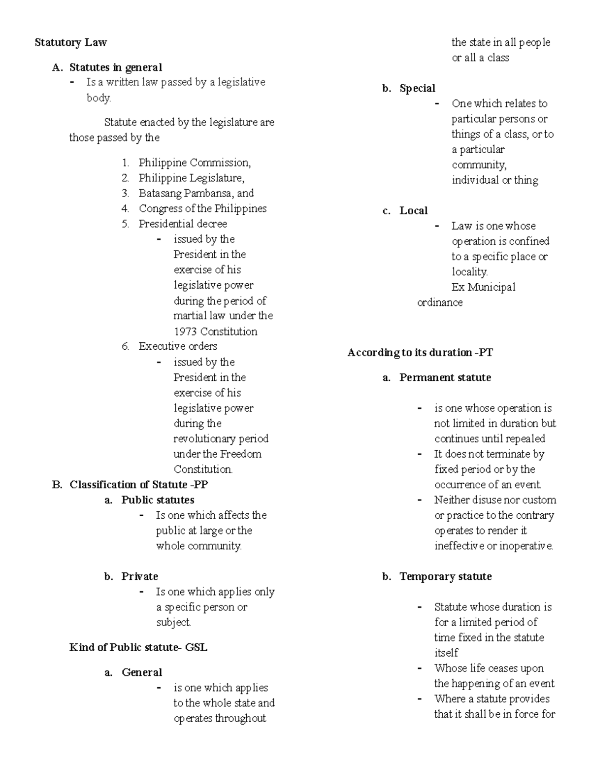 Stat Con Reviewer - Statutory Law A. Statutes in general Is a written ...