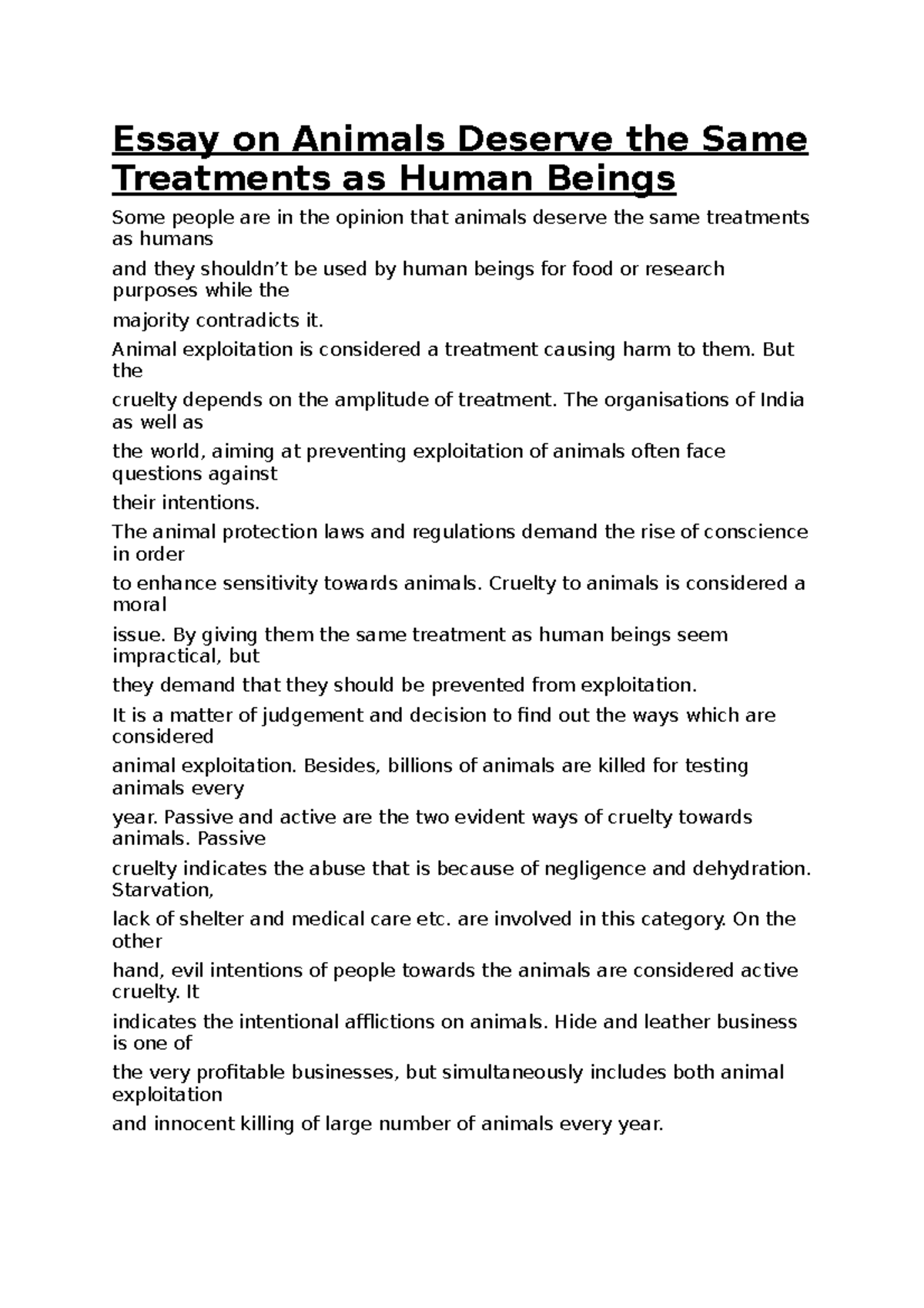 Animals deserve the same treatment as humans beings - Essay on Animals ...