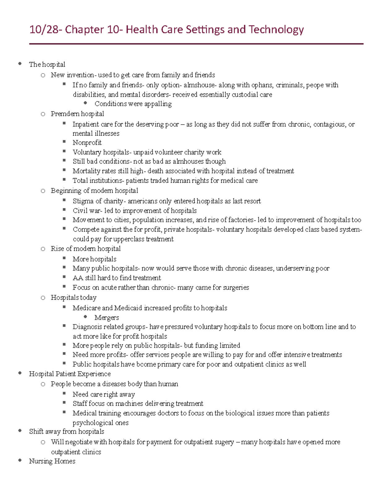 Chapter 10 - Lecture notes 10 - 10/28- Chapter 10- Health Care Settings ...