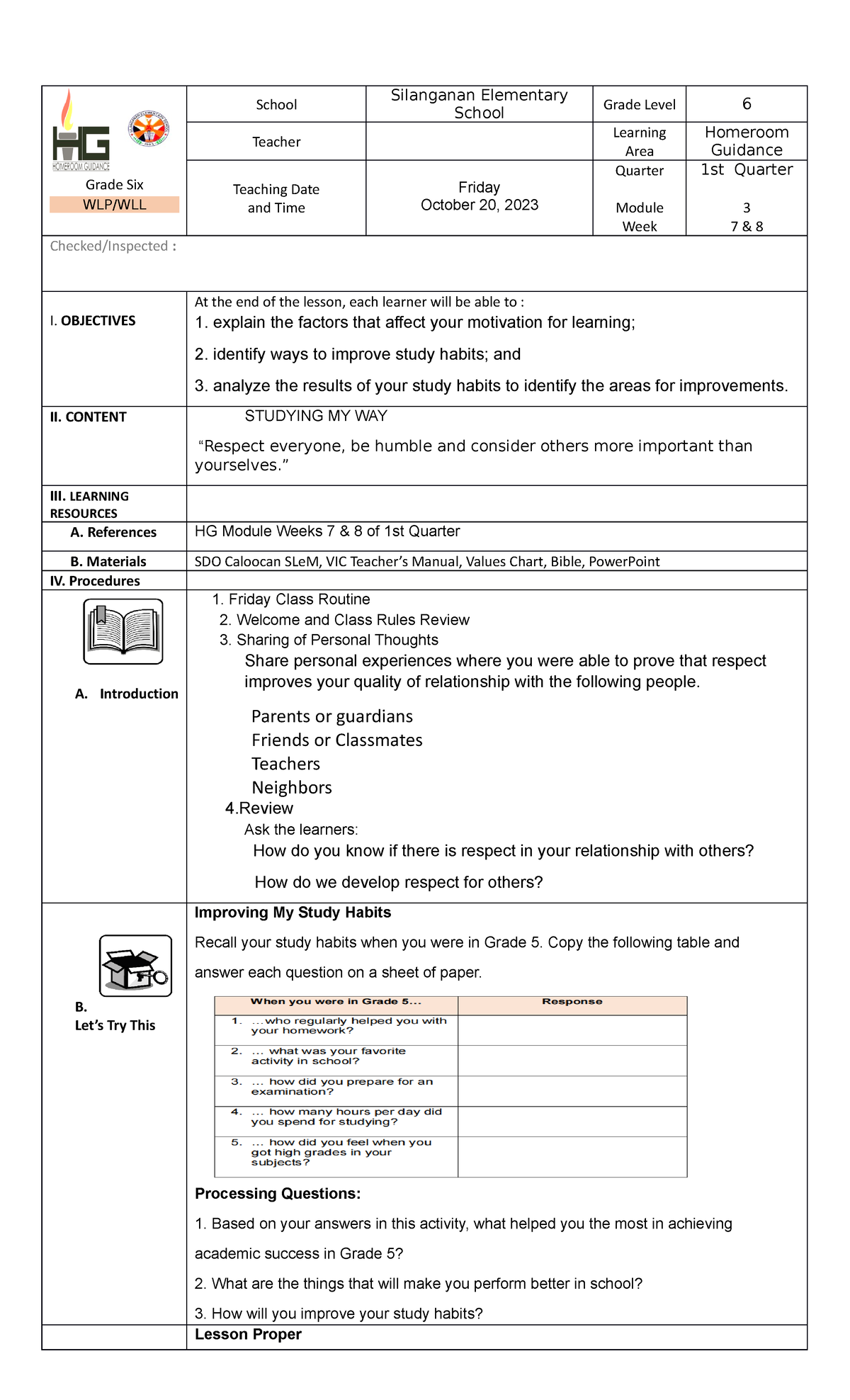 G6 HG Q1 M3 W7 8 Studying My Way - Grade Six WLP/WLL School Silanganan ...