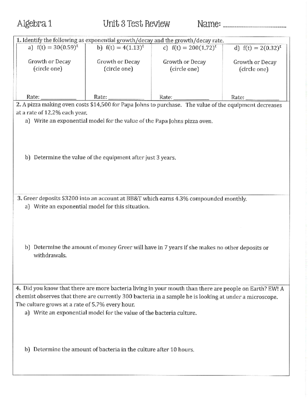 Algebra 01 Unit03 Test Review - Studocu