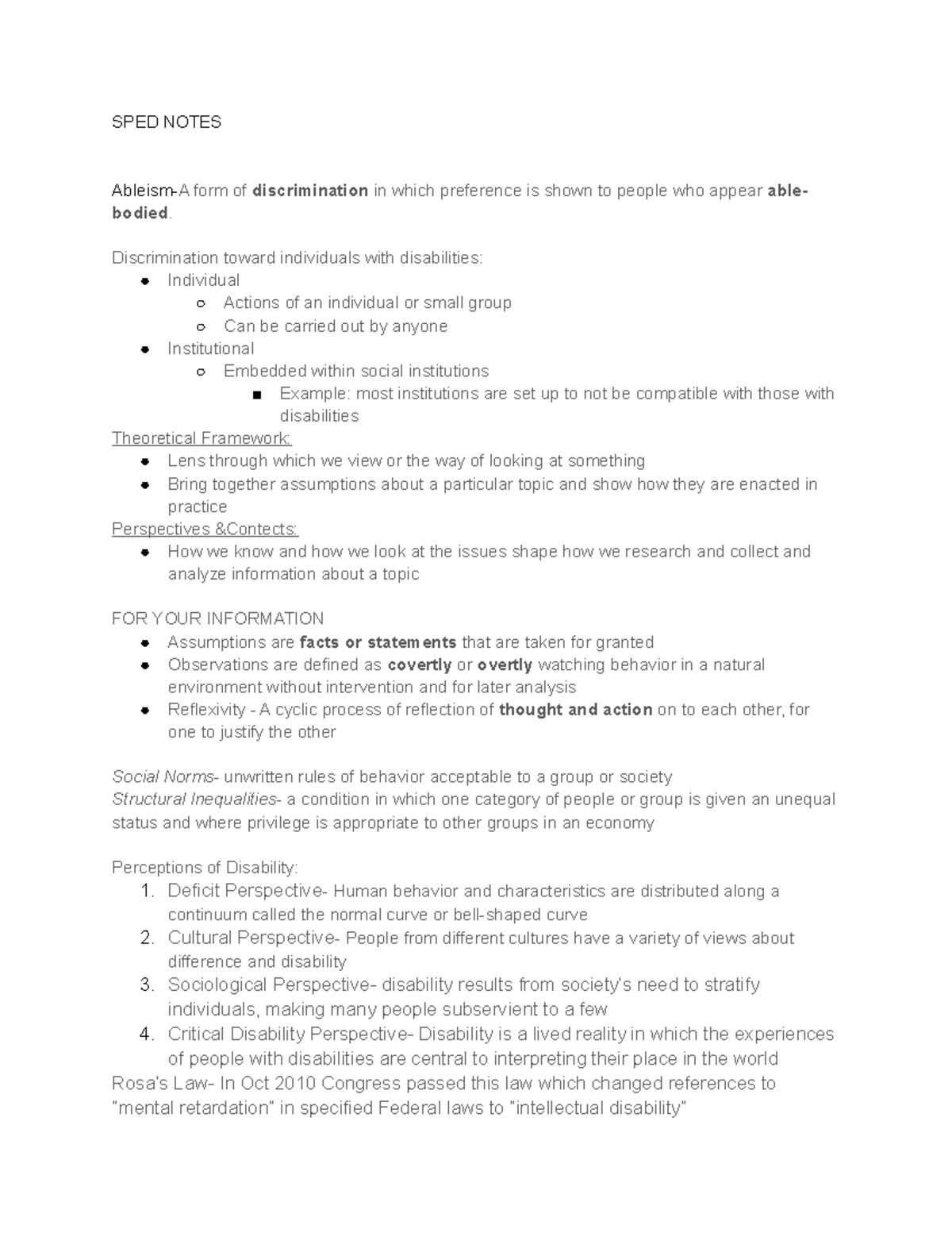 SPED Notes - SPED NOTES Ableism-A form of discrimination in which ...