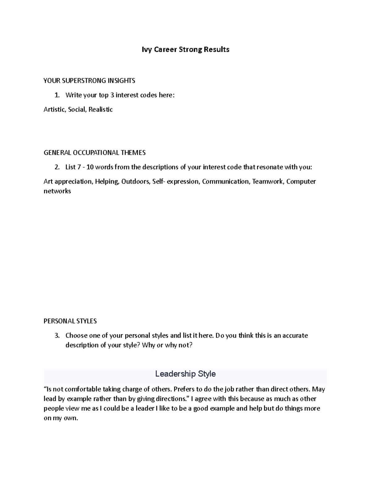 Ivy Career Strong Results - Write your top 3 interest codes here ...