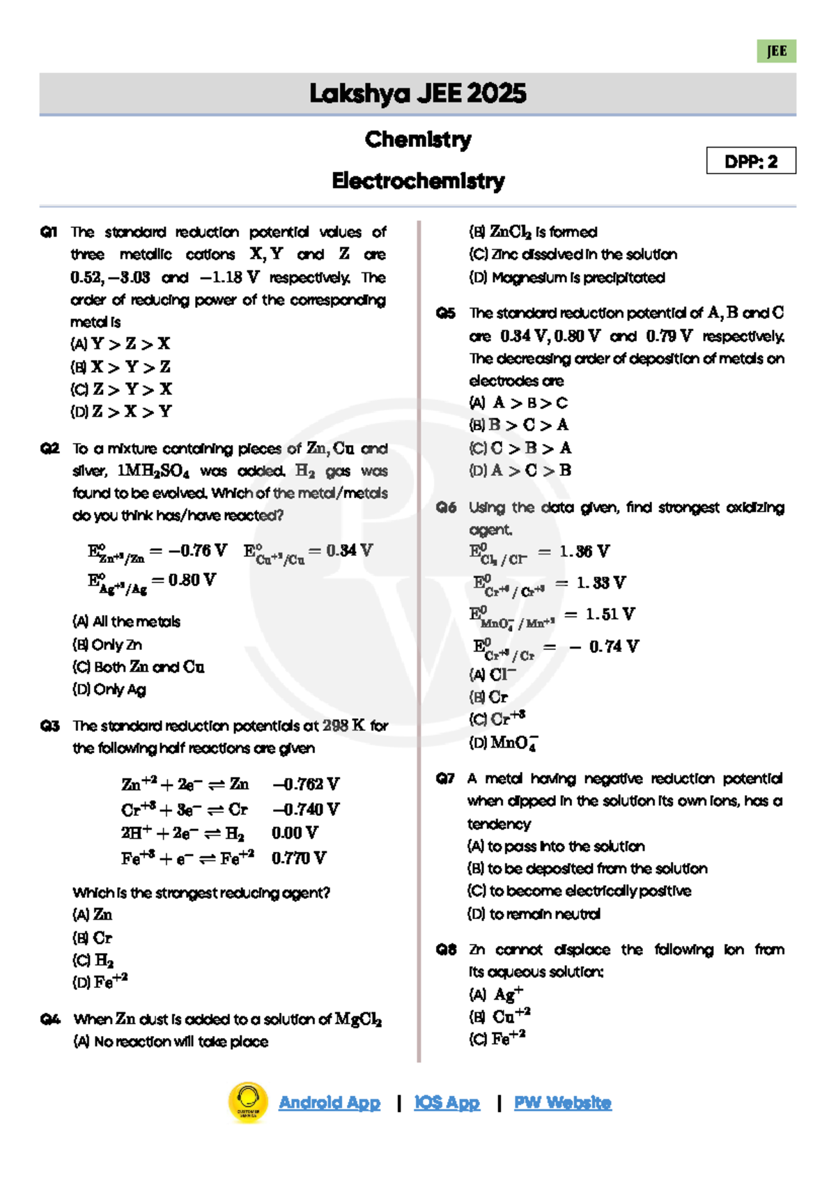 pw 3 chemsitrychemsitry - JEE Lakshya JEE 2025 Q 1 The standard ...