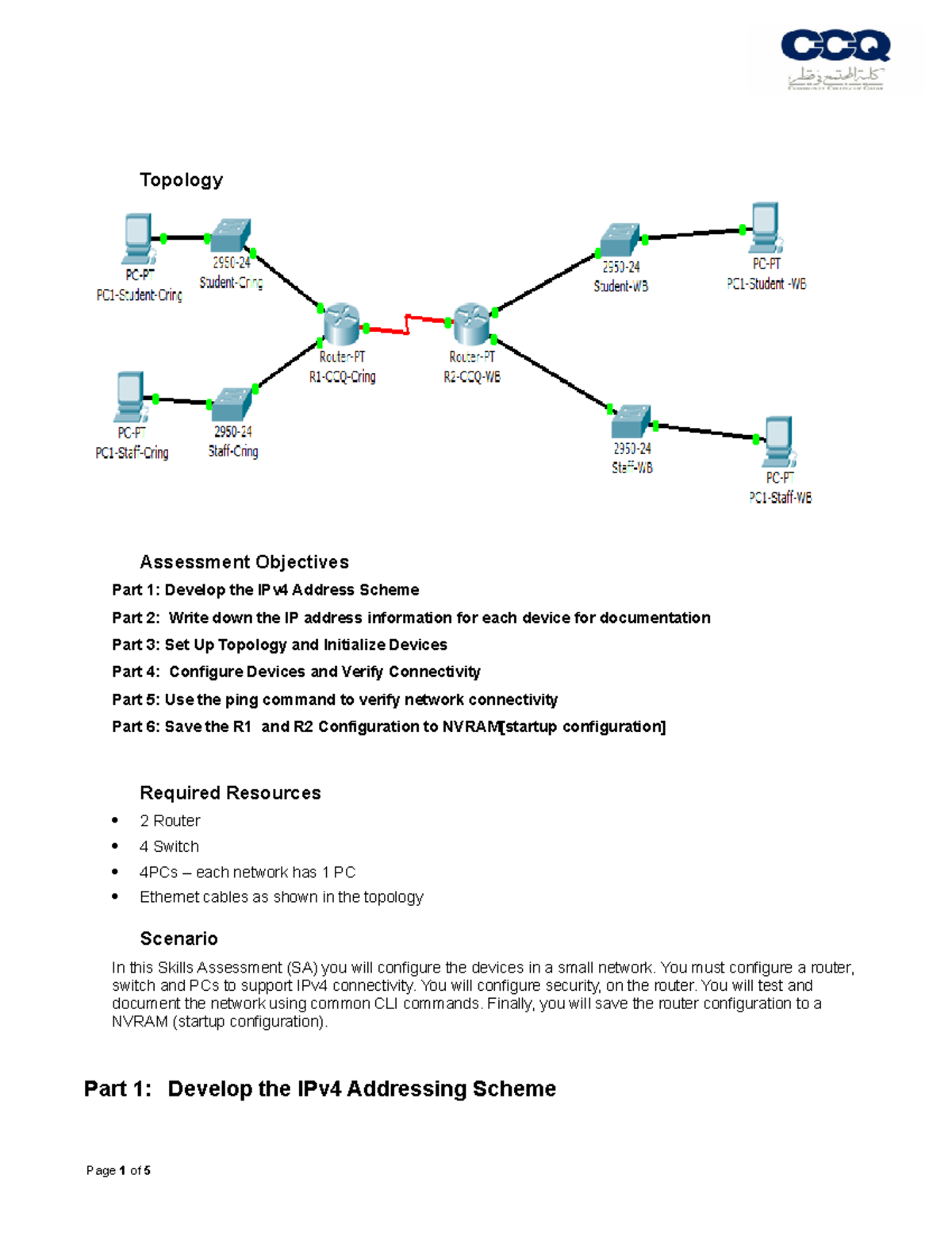 LAB 1 updated - Topology Assessment Objectives Part 1: Develop the IPv4 Address Scheme Part 2 ...
