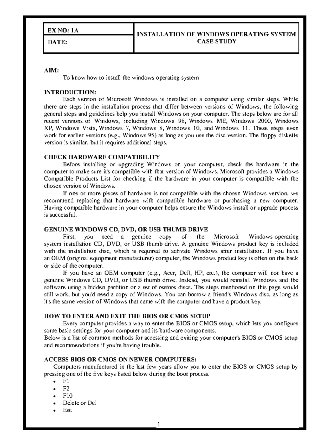 Final OS Record 2021 regulation - EX NO: 1A INSTALLATION OF WINDOWS ...