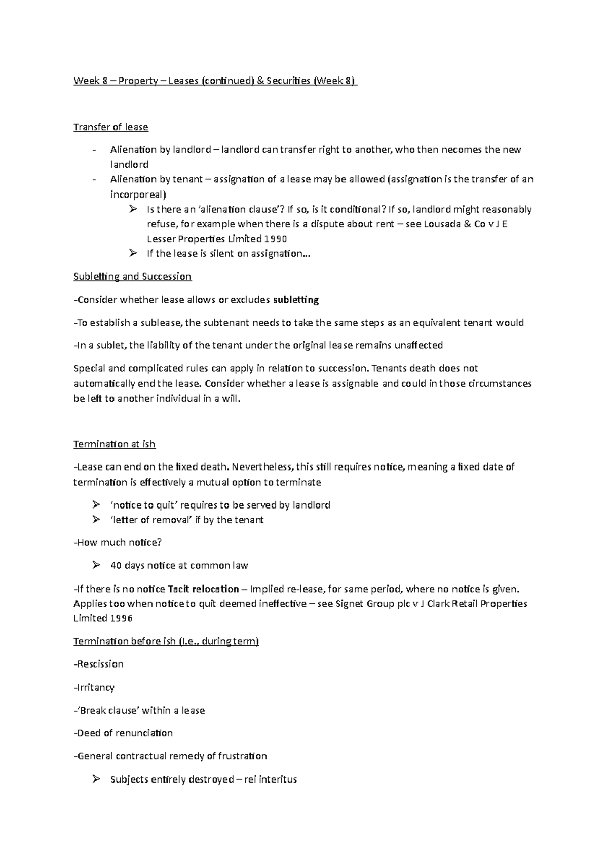 Week 8 - week 8 lecture - Week 8 – Property – Leases (continued) & Securities (Week 8) Transfer ...