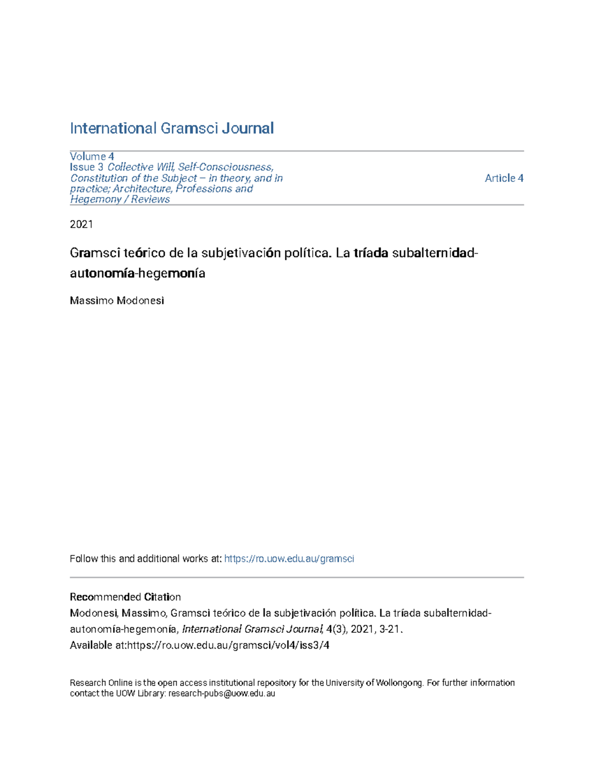 Gramsci teórico de la subjetivación política. La tríada subaltern ...