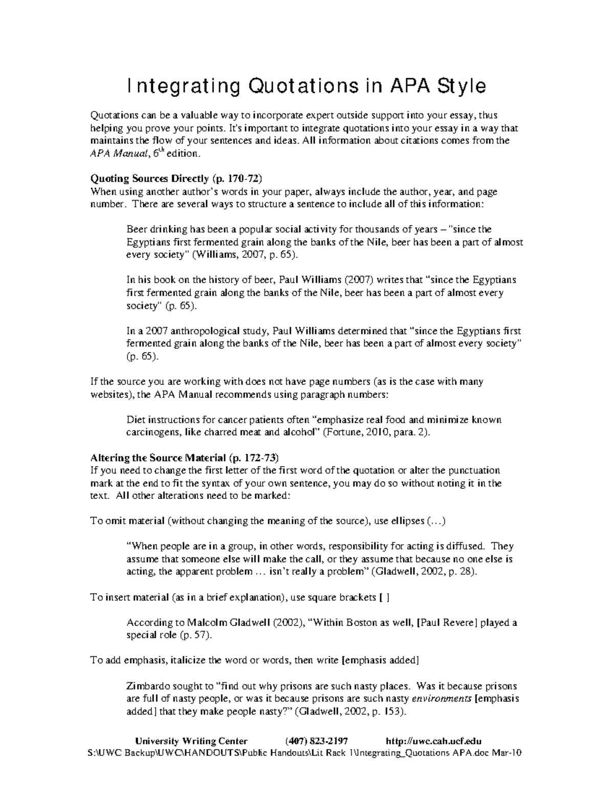 Integrating Quotations APA - University Writing Center (407) 823-2197 ...