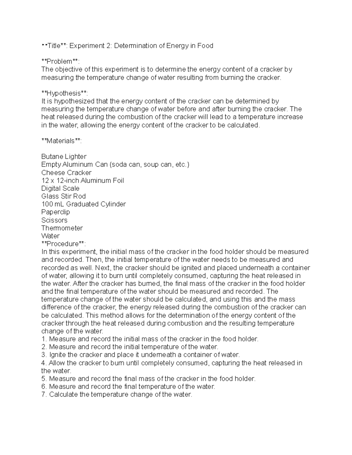 Chapter 5 experiment 2 lab report - Title: Experiment 2: Determination ...