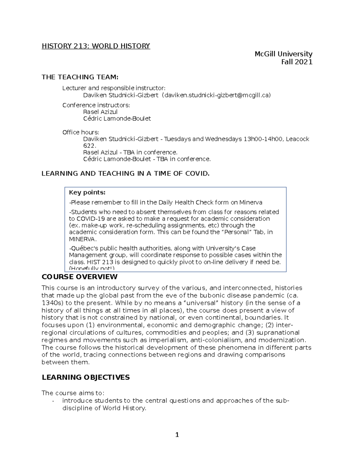 HIST 213 Syllabus Fall 2021 - HISTORY 213: WORLD HISTORY McGill University Fall 2021 THE ...