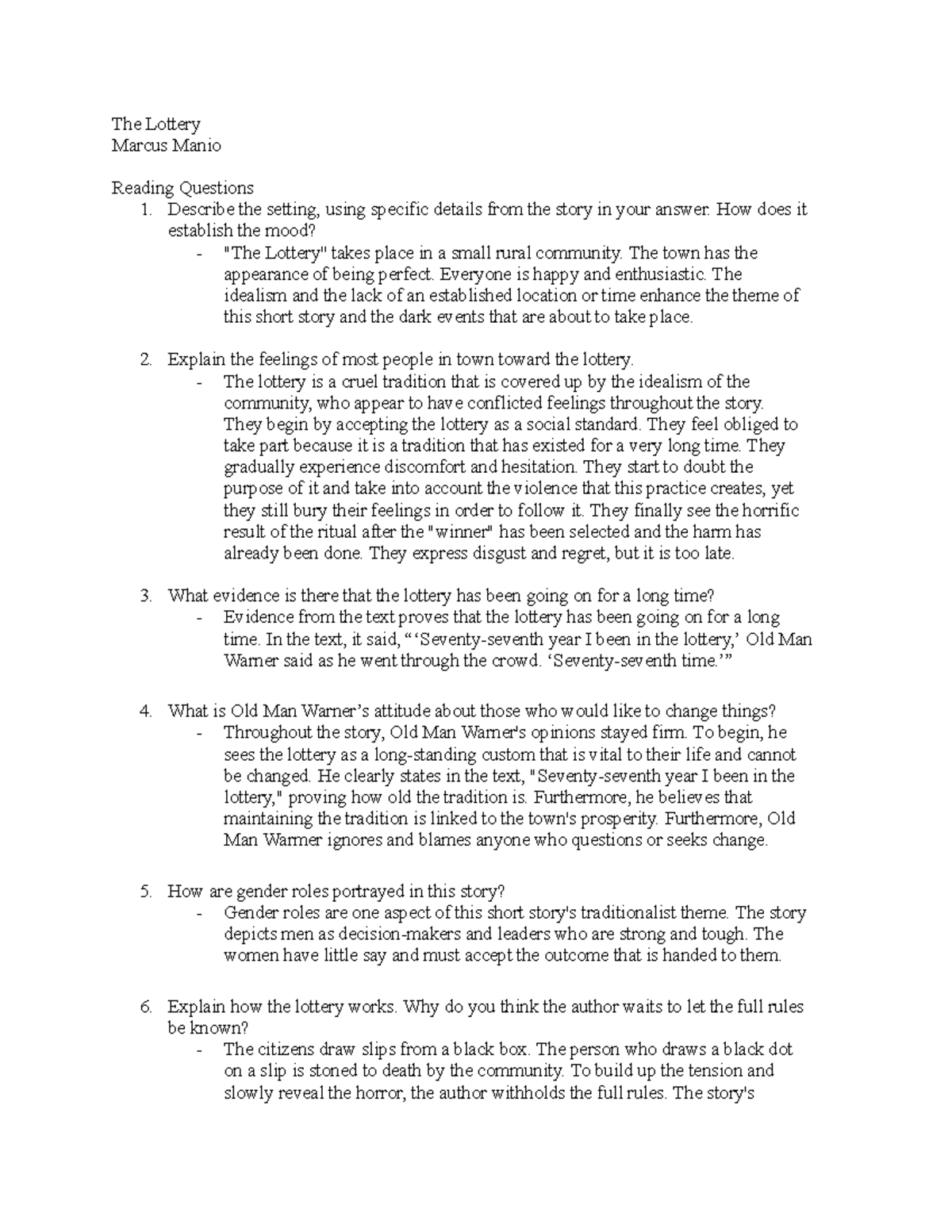 ENG 4U1 The Lottery - The Lottery Marcus Manio Reading Questions 1 ...