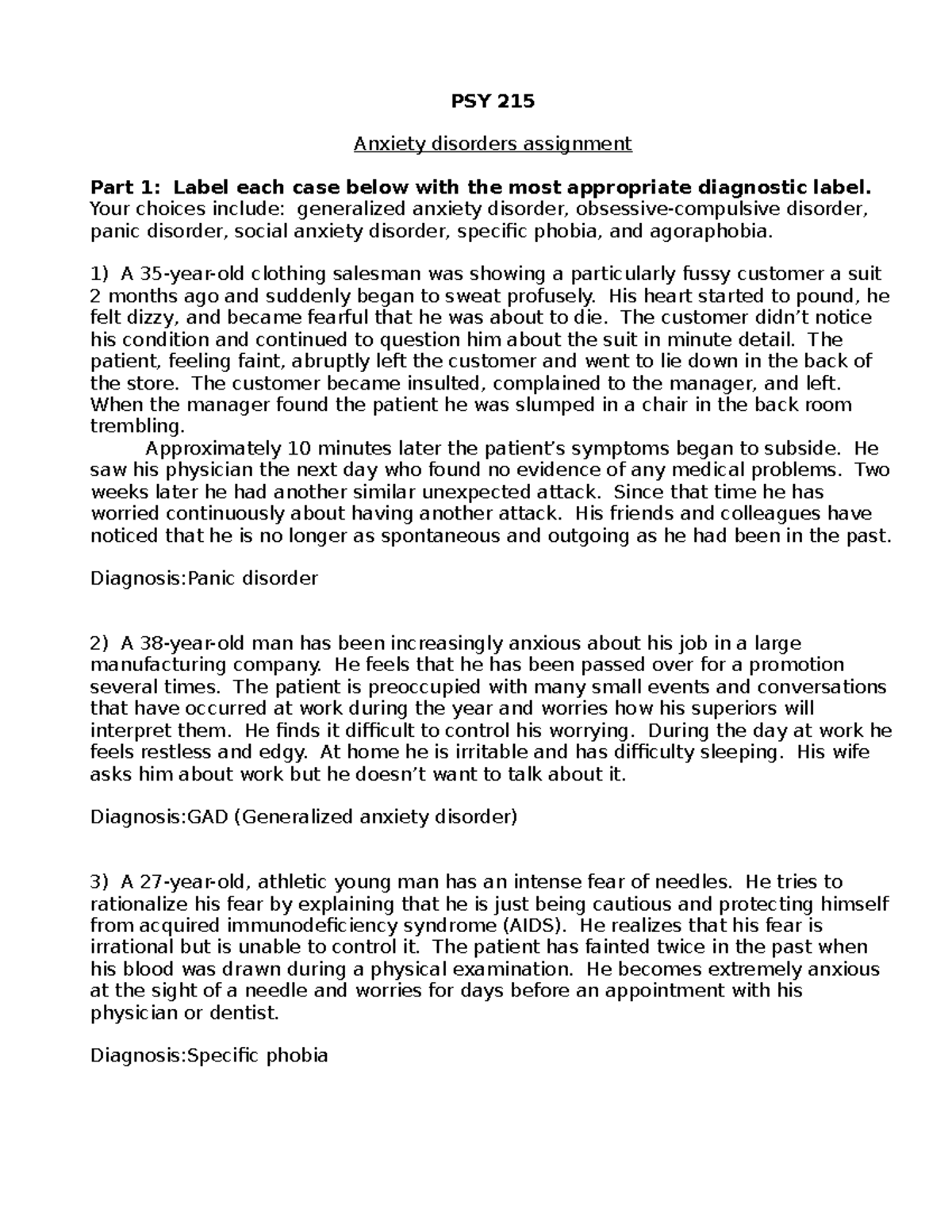 Anxiety assignment cases - PSY 215 Anxiety disorders assignment Part 1 ...
