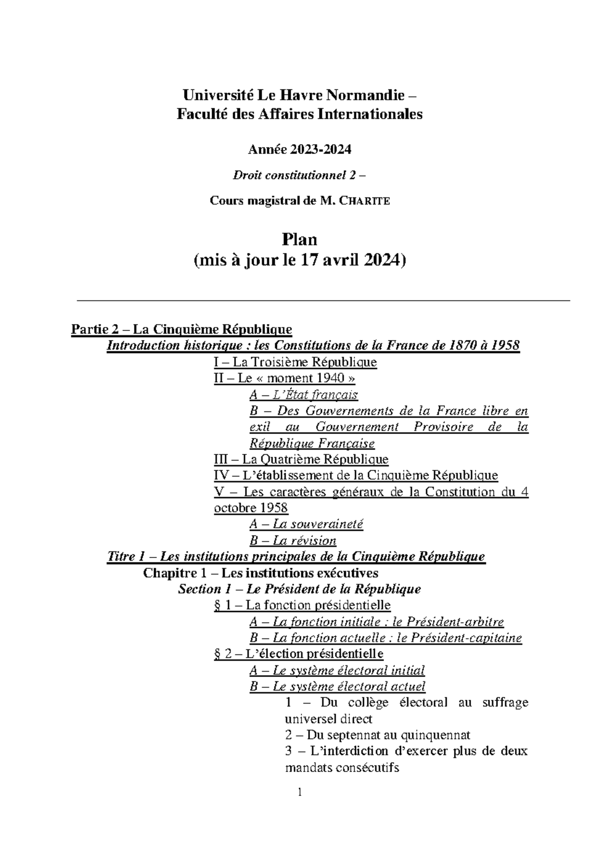 Plan Droit constitutionnel 2 MAJ 17042024 - Université Le Havre Normandie – Faculté des Affaires ...