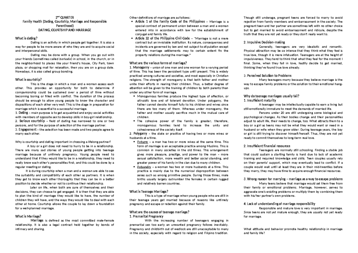 Music notes Grade 8 2nd quarter - 2 nd QUARTER Family Health (Dating ...