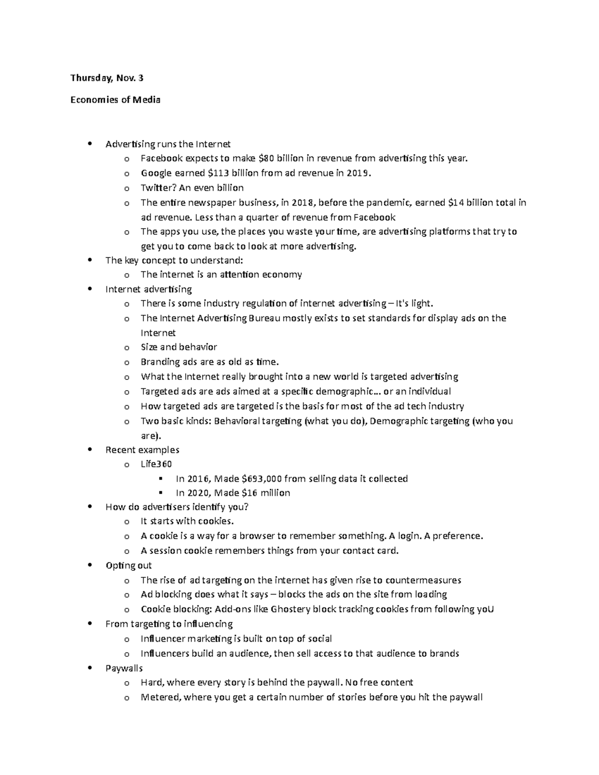 Economies of Media - Thursday, Nov. 3 Economies of Media Advertising ...