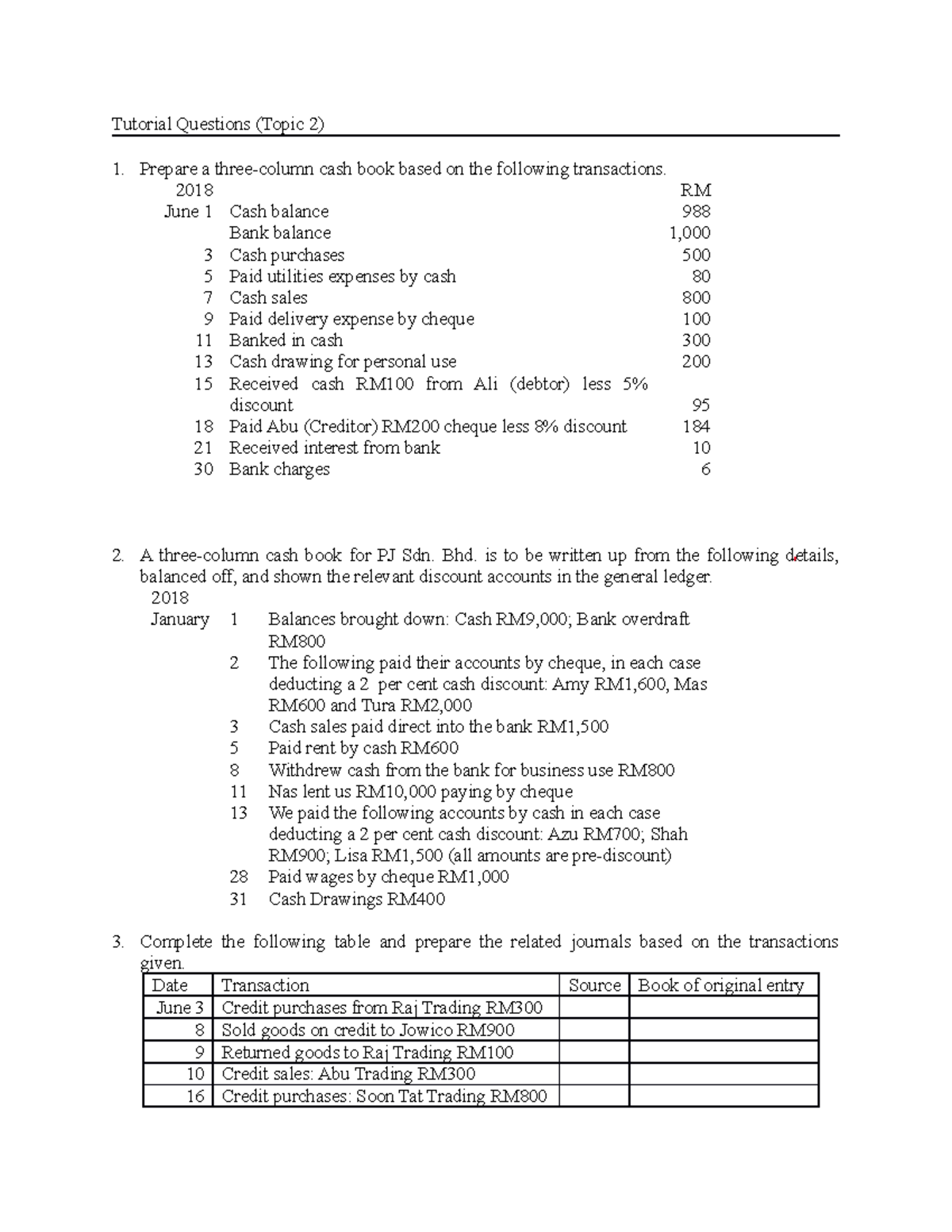 Account Tutorial Question - Tutorial Questions (Topic 2) Prepare a ...