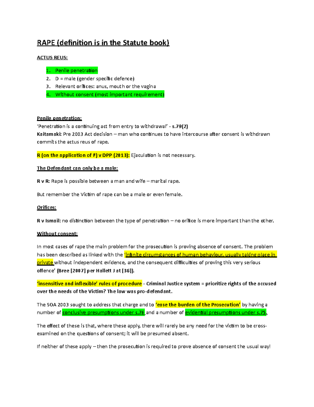 Rape case list 2020 2 - Class notes - RAPE (definition is in the ...