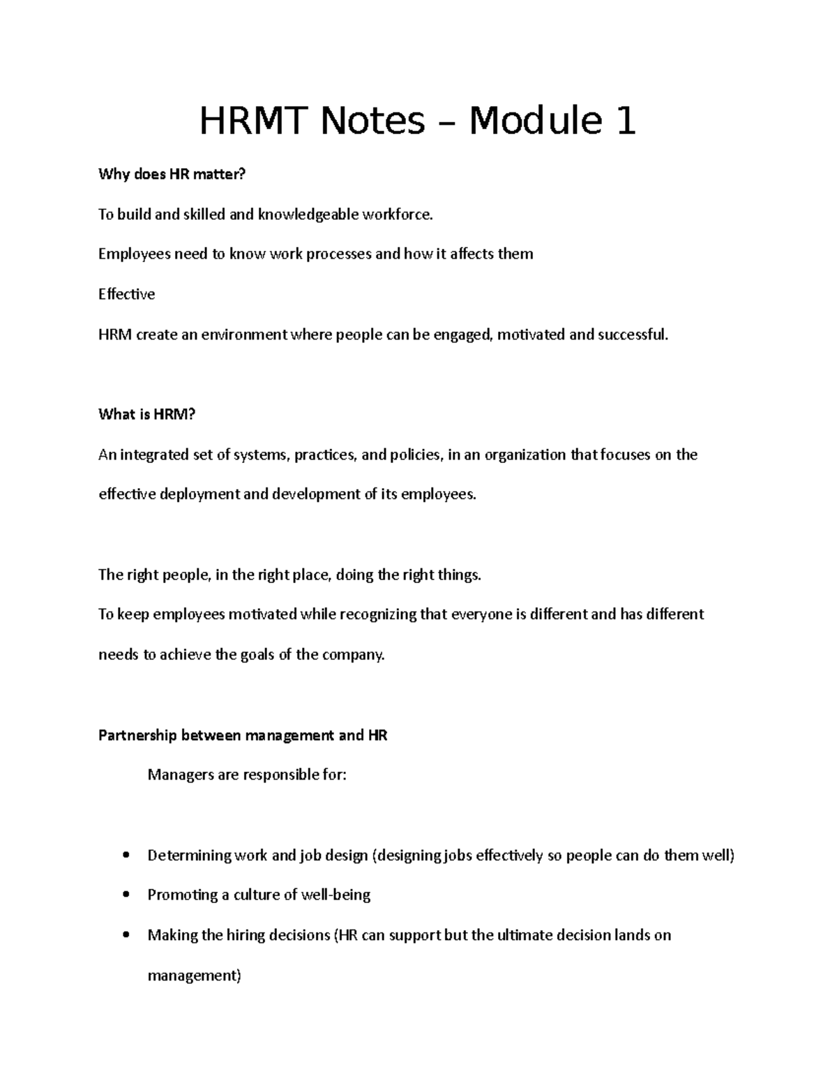 Chapter 1 Notes - HRMT Notes – Module 1 Why does HR matter? To build ...