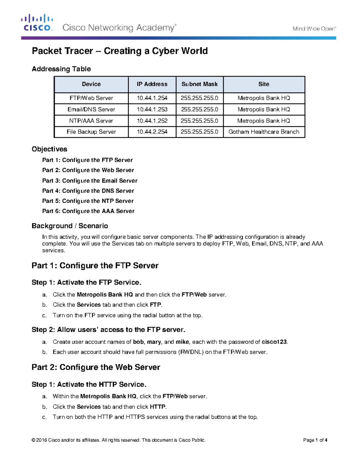 1.5.3.5 Packet Tracer - Creating a Cyber World - Addressing Table ...