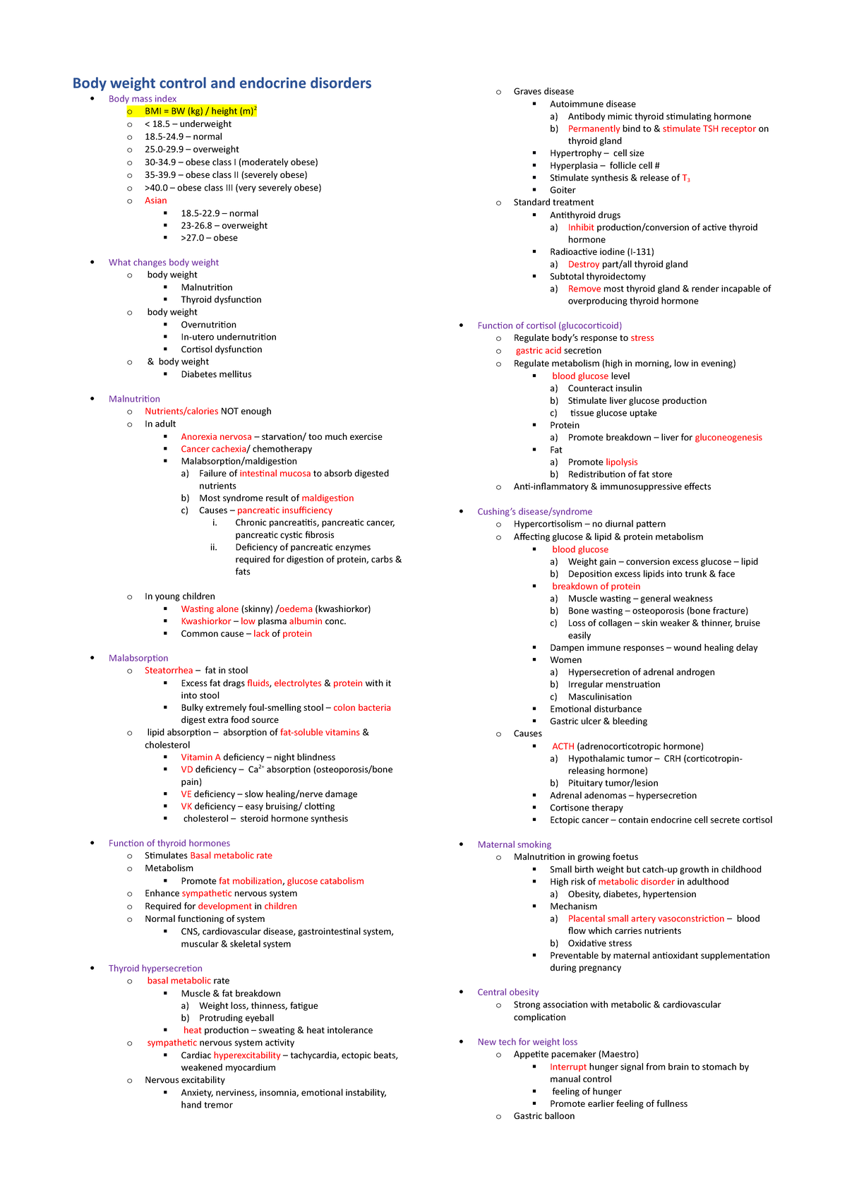 Wk2 note - lecture notes - Body weight control and endocrine disorders ...