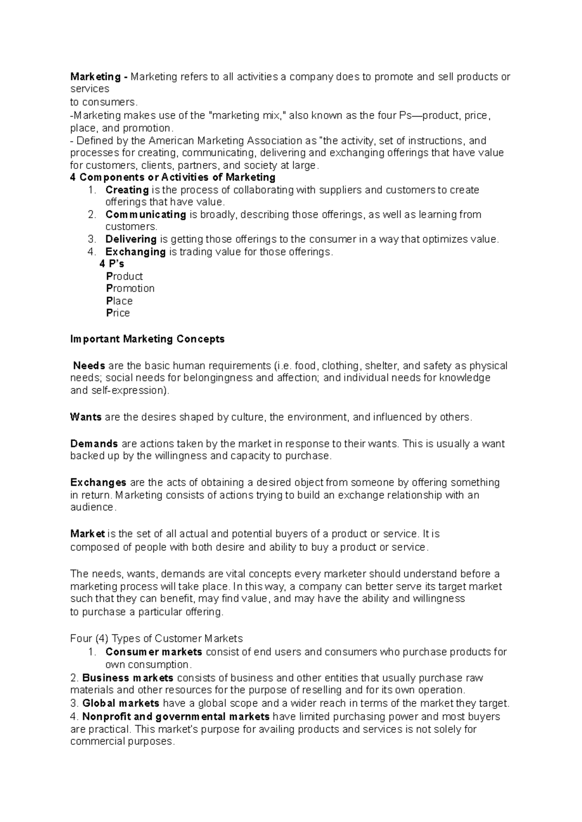 summary lesson of principles of marketing - Marketing - Marketing ...