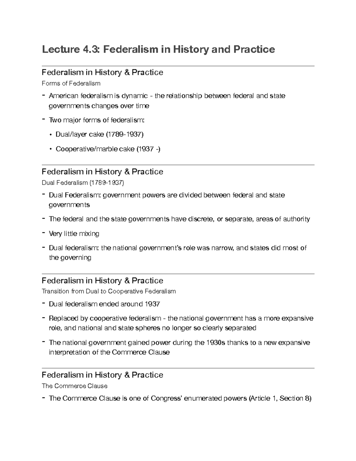 Lecture 4 - Lecture 4: Federalism in History and Practice Federalism in ...