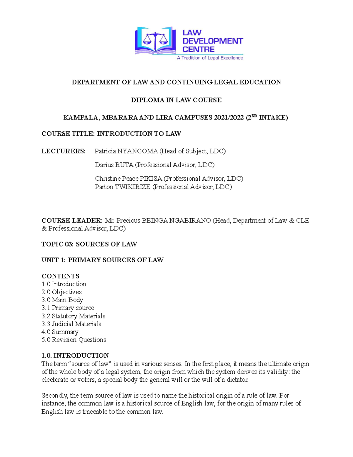 Introduction to law - DEPARTMENT OF LAW AND CONTINUING LEGAL EDUCATION ...