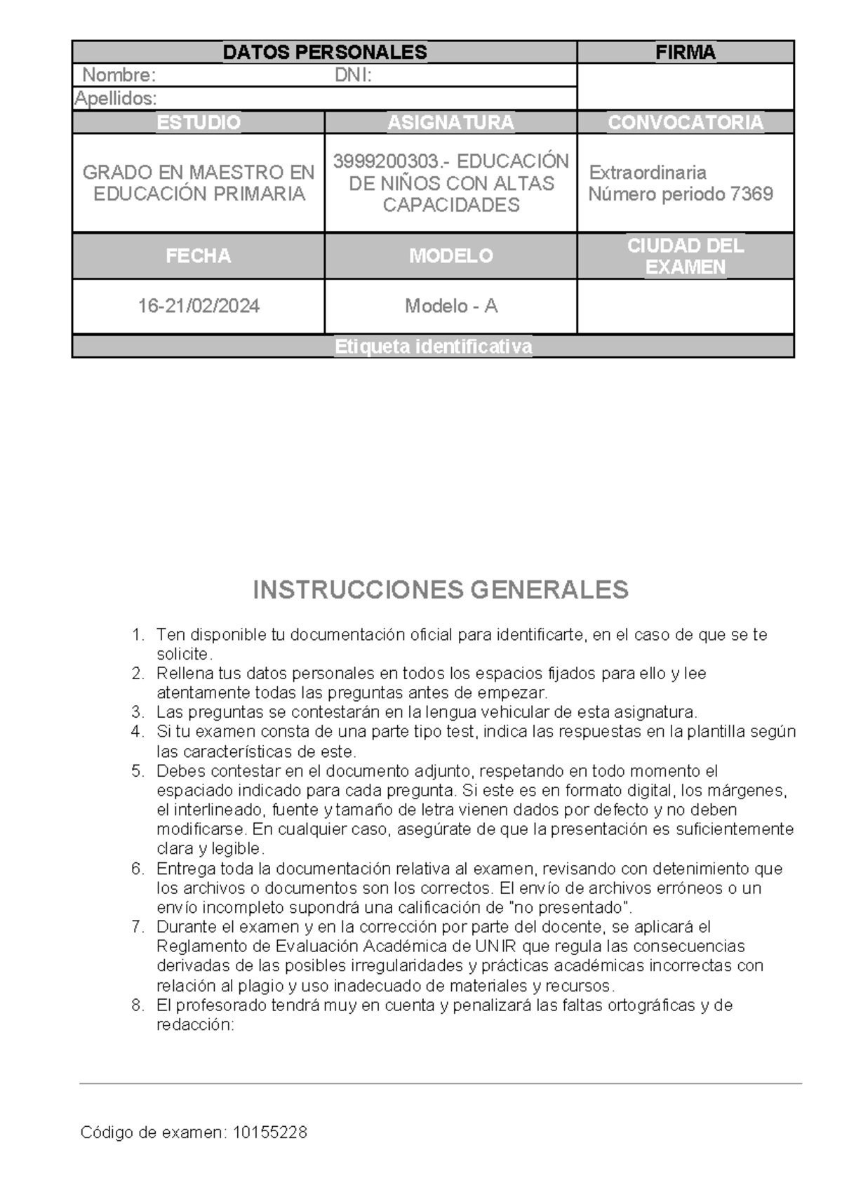 Examen EDUCACIÓN DE NIÑOS CON ALTAS CAPACIDADES - DATOS PERSONALES ...