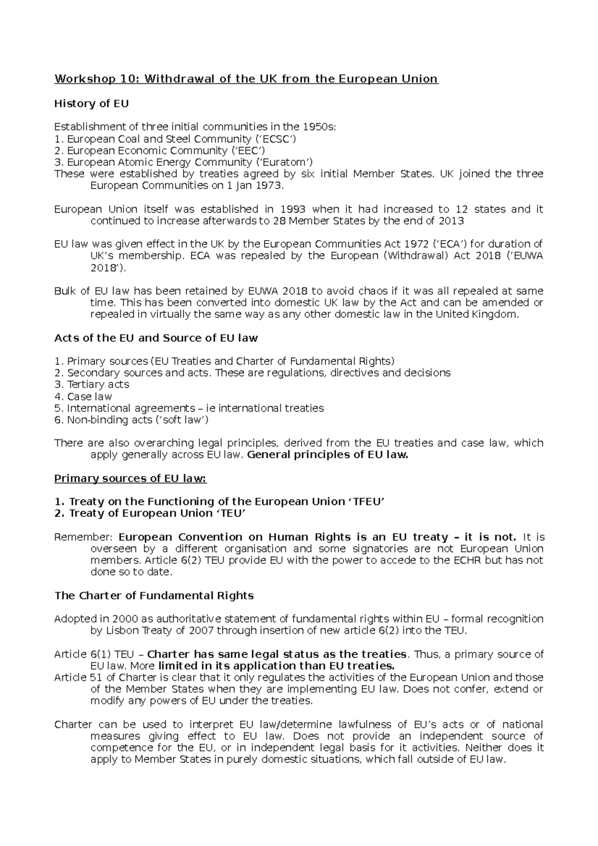 Workshop 10 - EU Law notes - Workshop 10: Withdrawal of the UK from the ...