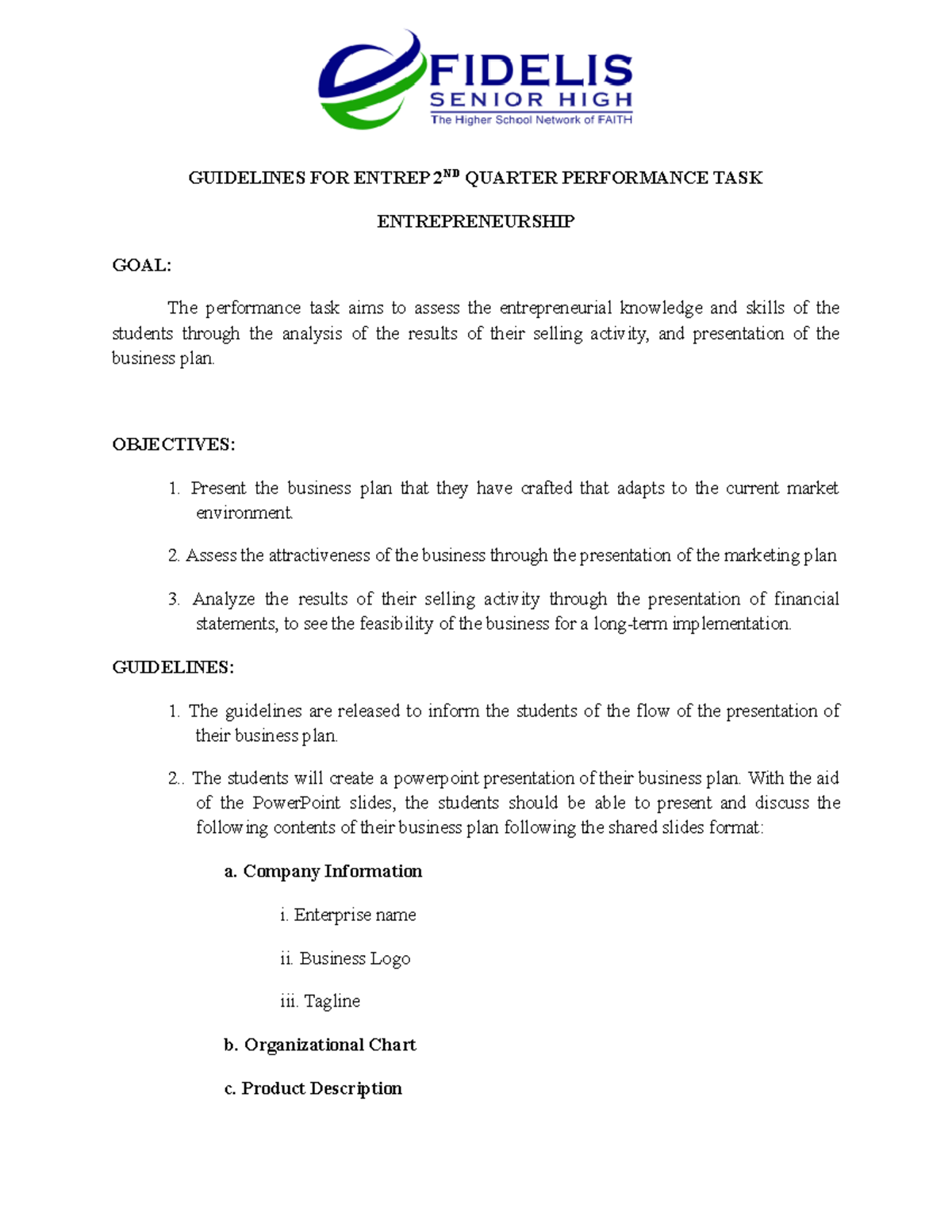 Guidelines FOR Entrep 2ND Quarter Performance TASK - 2022-2023 ...